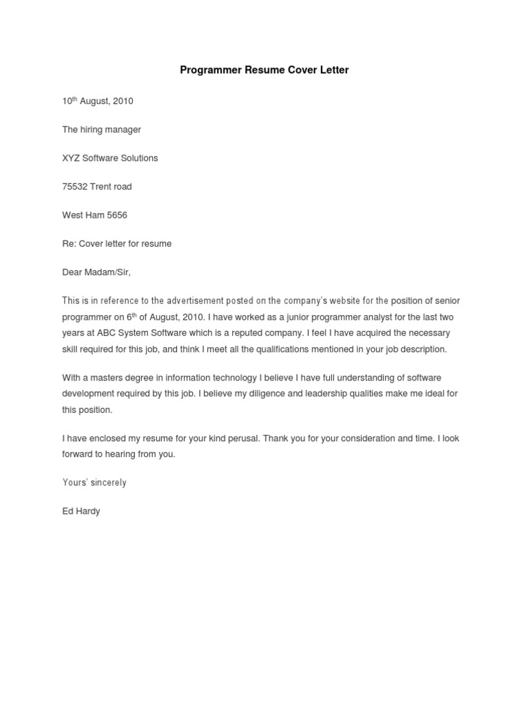 Programmer Resume Cover Letter | PDF | Career & Growth | Business