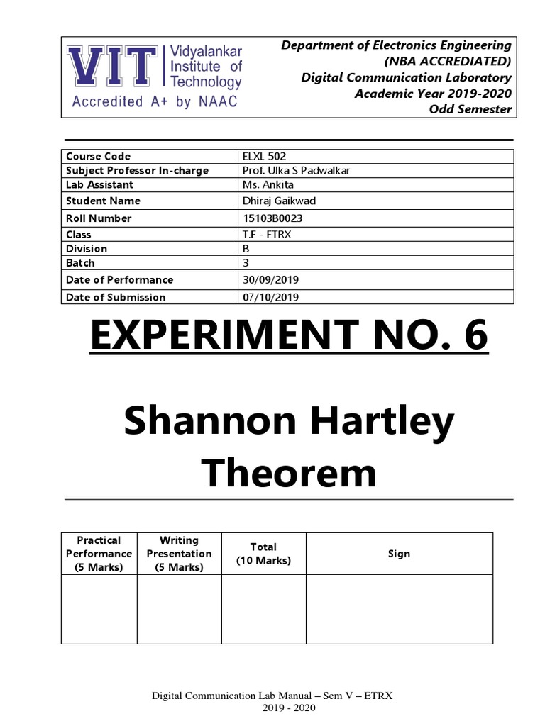 Experiment No. 6: Shannon Hartley Theorem | PDF | Discrete Mathematics ...