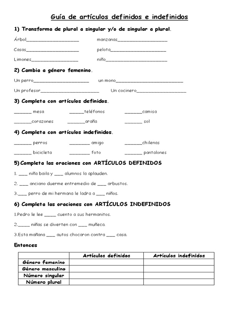 Guía de Artículos Definidos e Indefinidos | PDF | Artes del Lenguaje y ...