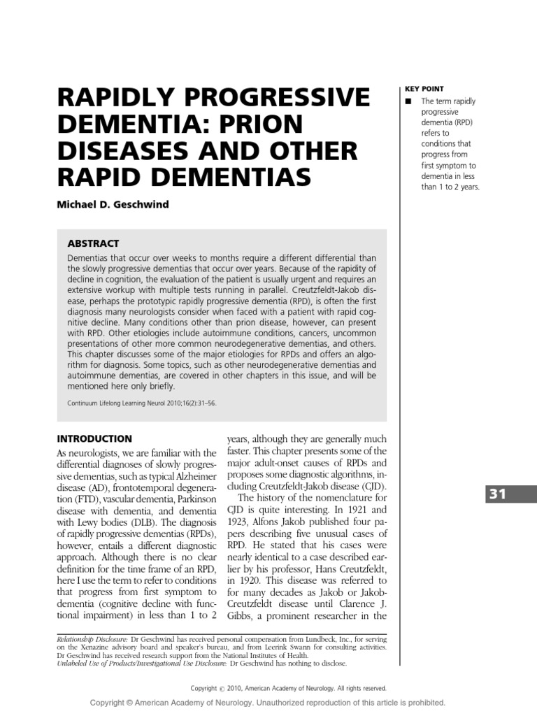 Rapidly Progressive Dementia: Prion Diseases and Other Rapid Dementias ...