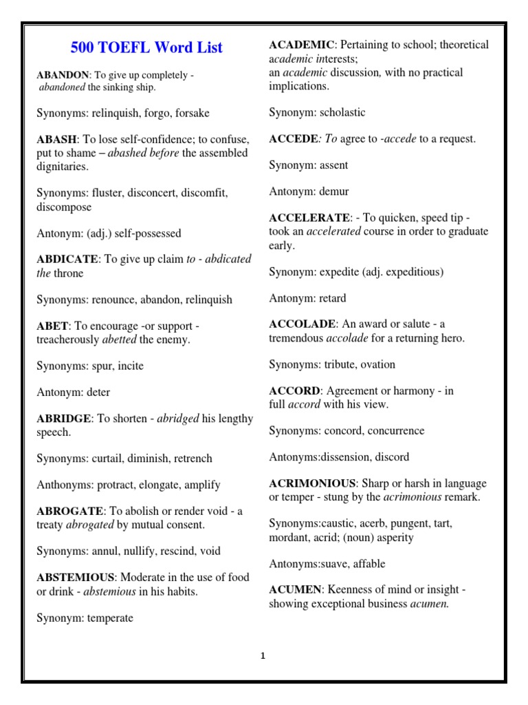 500 Essential TOEFL Vocabulary Words | PDF