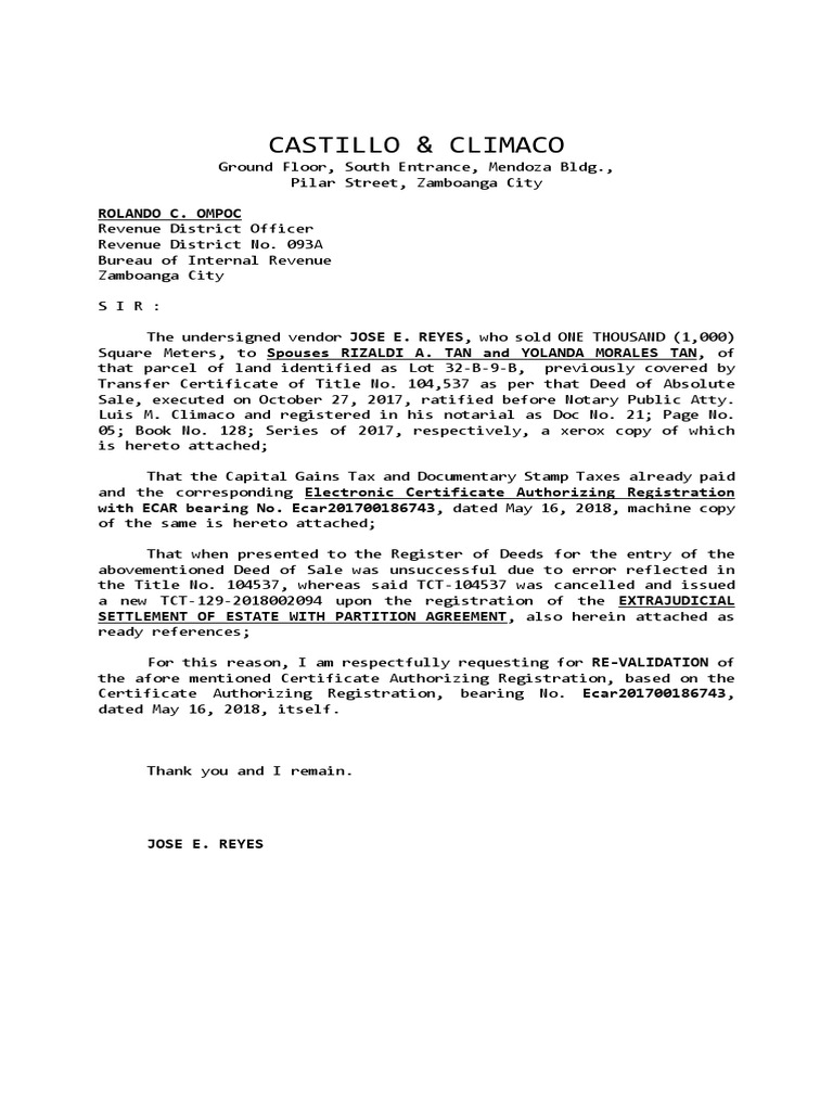 Request for ECAR Re-Validation | PDF | Finance & Money Management | Law