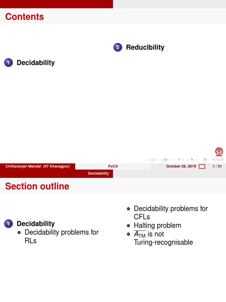 Decidability Reducibility: Chittaranjan Mandal (IIT Kharagpur) | PDF | Theory Of Computation ...