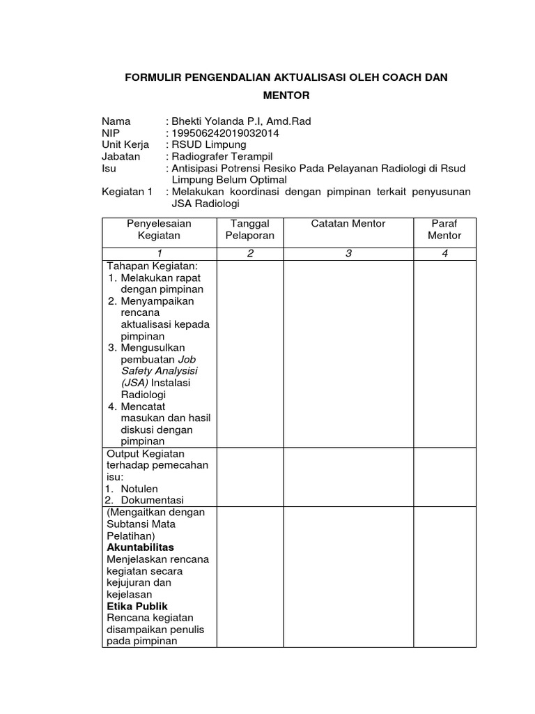 Formulir Pengendalian Aktualisasi Oleh Coach Dan Mentor | PDF