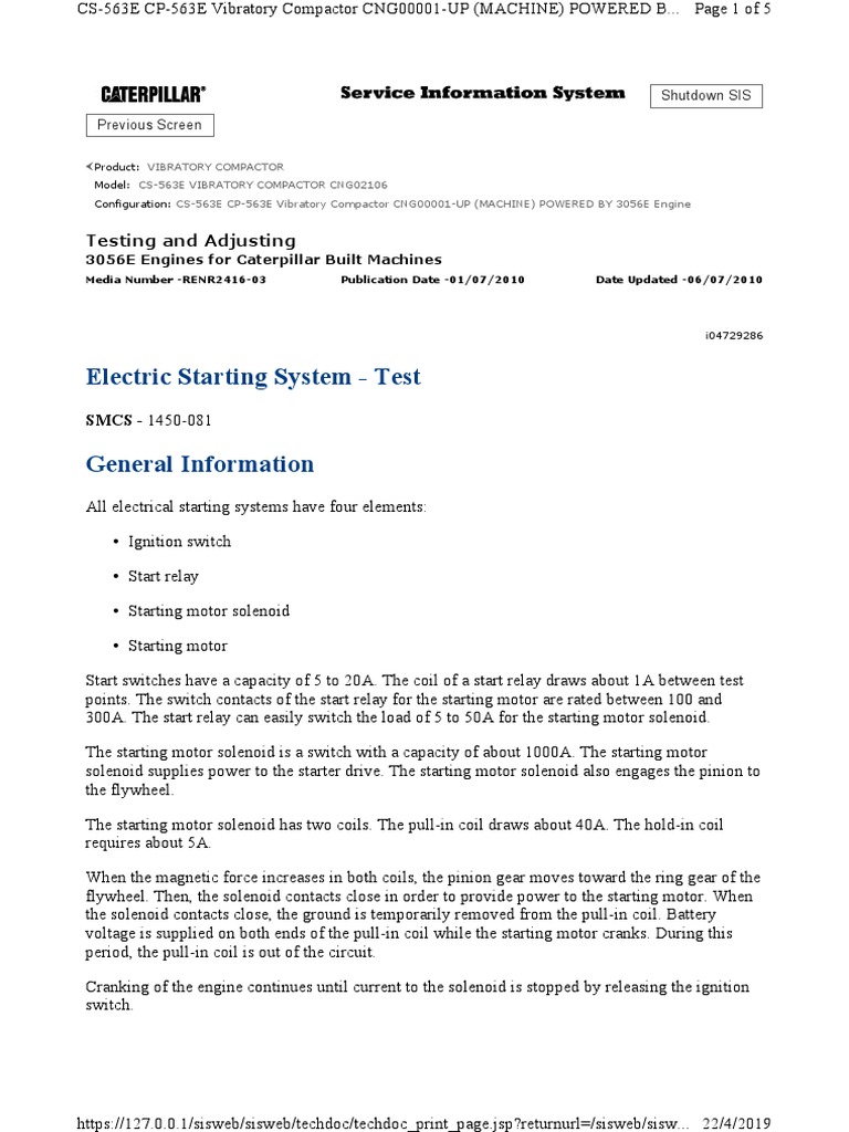 Electric Starting System - Test: Shutdown SIS Previous Screen | PDF ...