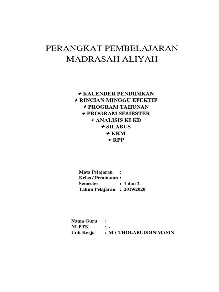 Cover Perangkat PBM Dan Contoh Format Prota | PDF