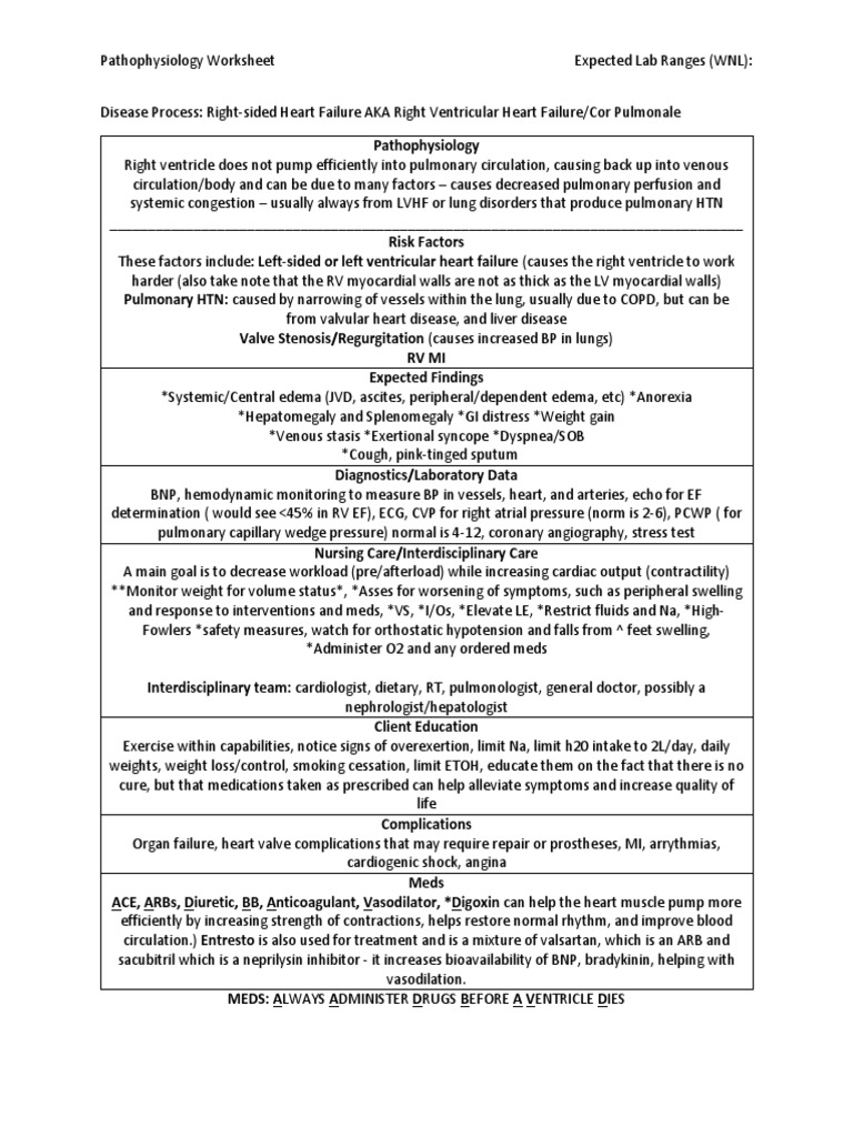 Patho Worksheet Right Heart Failure | PDF | Heart Failure | Heart