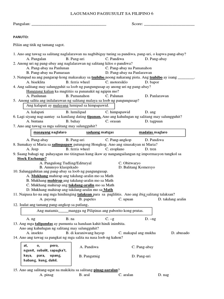 Lagumang Pagsusulit Sa Filipino 6 q3 | PDF