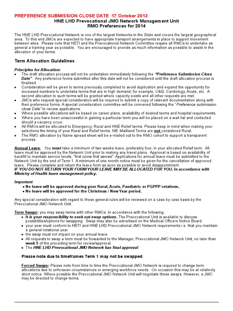 HNE LHD Prevocational JMO Network Management Unit RMO Preferences For ...