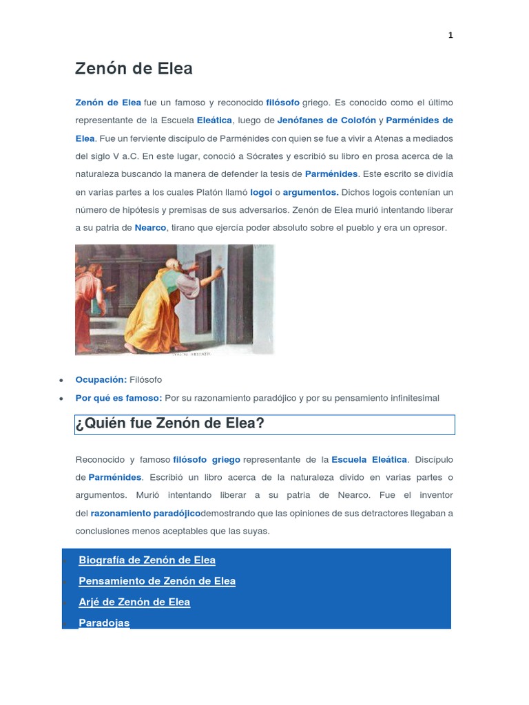 Zenón de Elea: Filósofo griego creador de paradojas | PDF | Metafísica ...