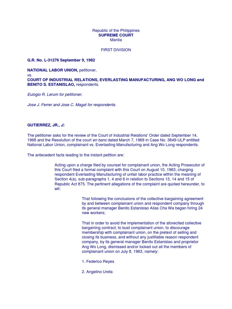 71 National Labor Union, Inc. vs. The CIR | PDF | Unfair Labor Practice ...