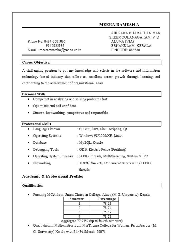 Meera Ramesh A: Career Objective | PDF | My Sql | Computer Network