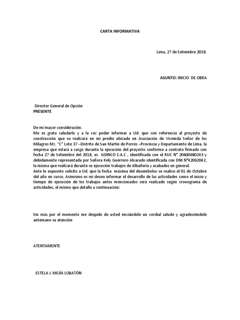 Carta Informativa de Obra | PDF