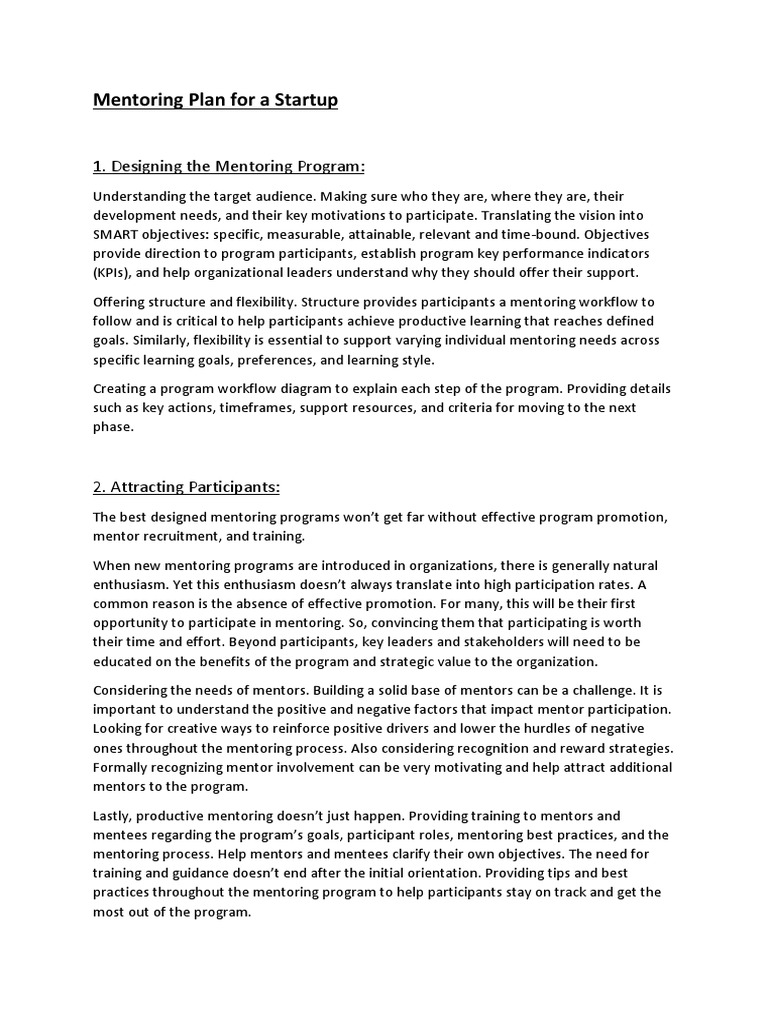 Mentoring Plan For A Start Up | PDF | Mentorship | Goal