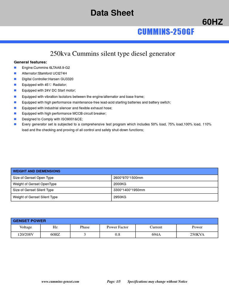 250KVA CUMMINS Diesel Generator Specifications | PDF | Diesel Engine ...