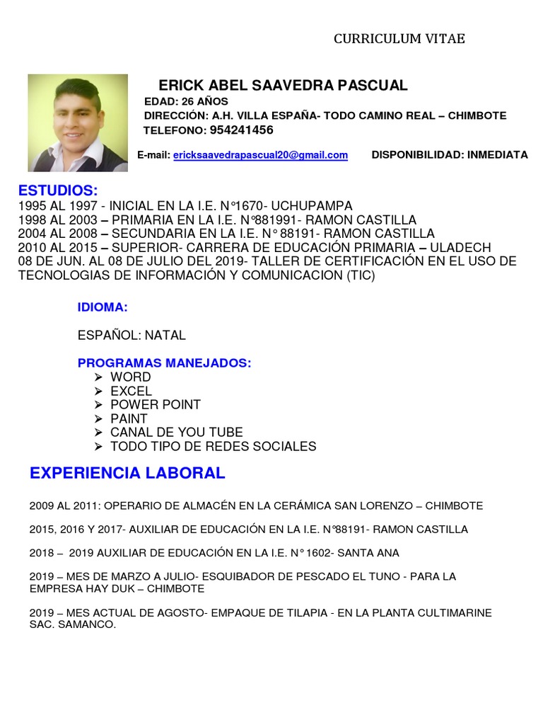 Curriculum Vitae - Erick Saavedra | PDF