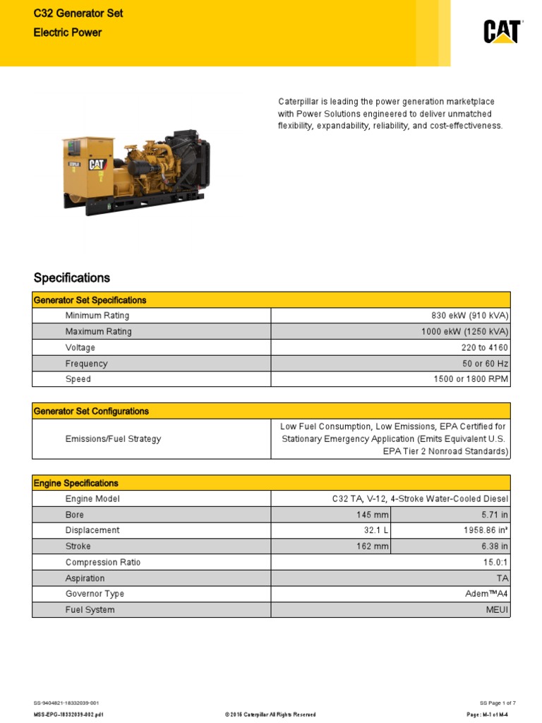 CAT32 1.25MVA Technical Data Sheet 12 Leads Out 240V | PDF | Engines ...