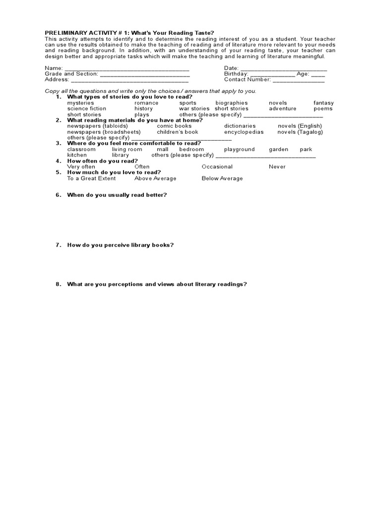 Understanding Student Reading Preferences: A Survey to Determine ...