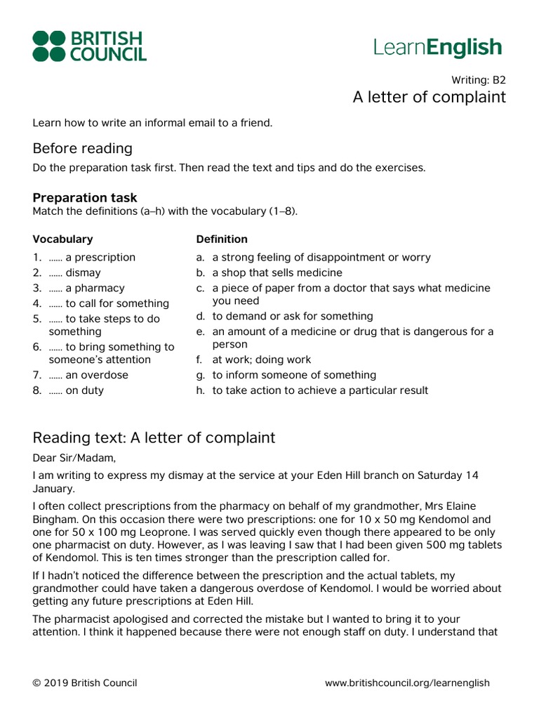 LearnEnglish Writing B2 A Letter of Complaint | PDF | Pharmacy ...