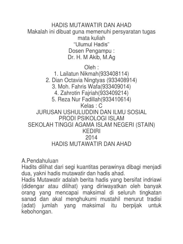 Hadis Mutawatir Dan Ahad | PDF