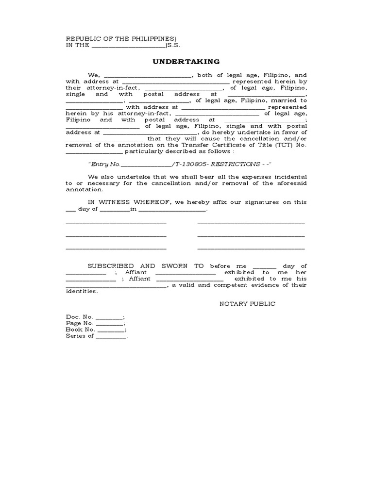 Sample Notarized Undertaking Document | PDF | Social Science | Law