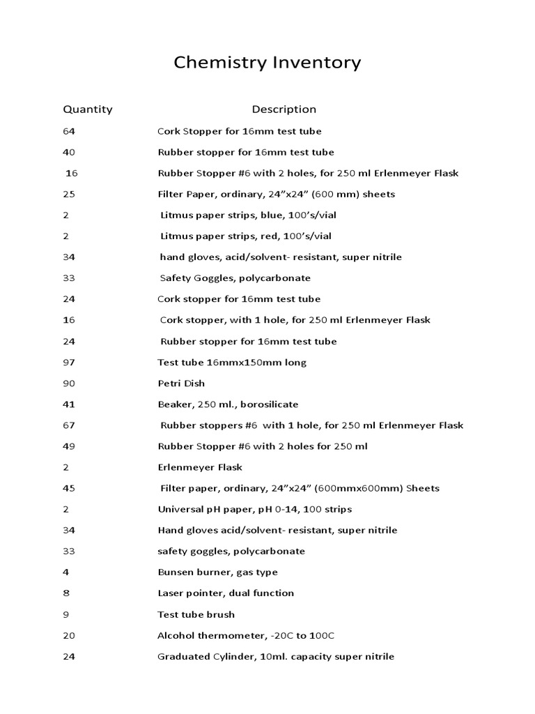 Chemistry Inventory: Quantity Description | PDF