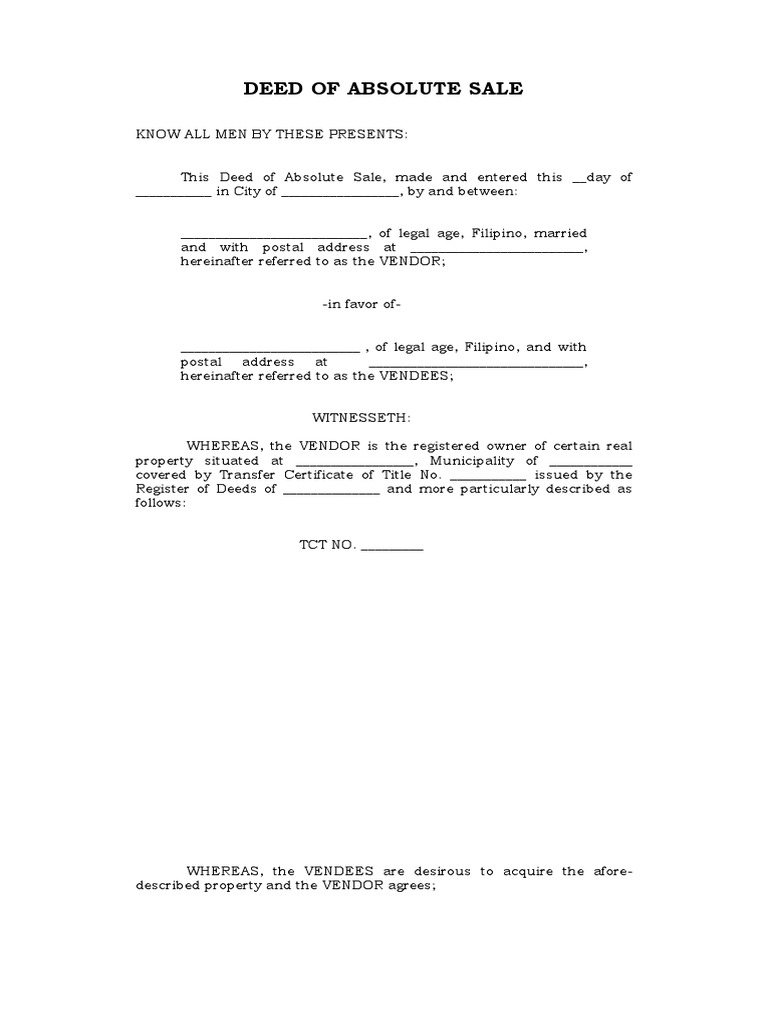 Deed of Sale (Sample) | PDF | Deed | Law And Economics