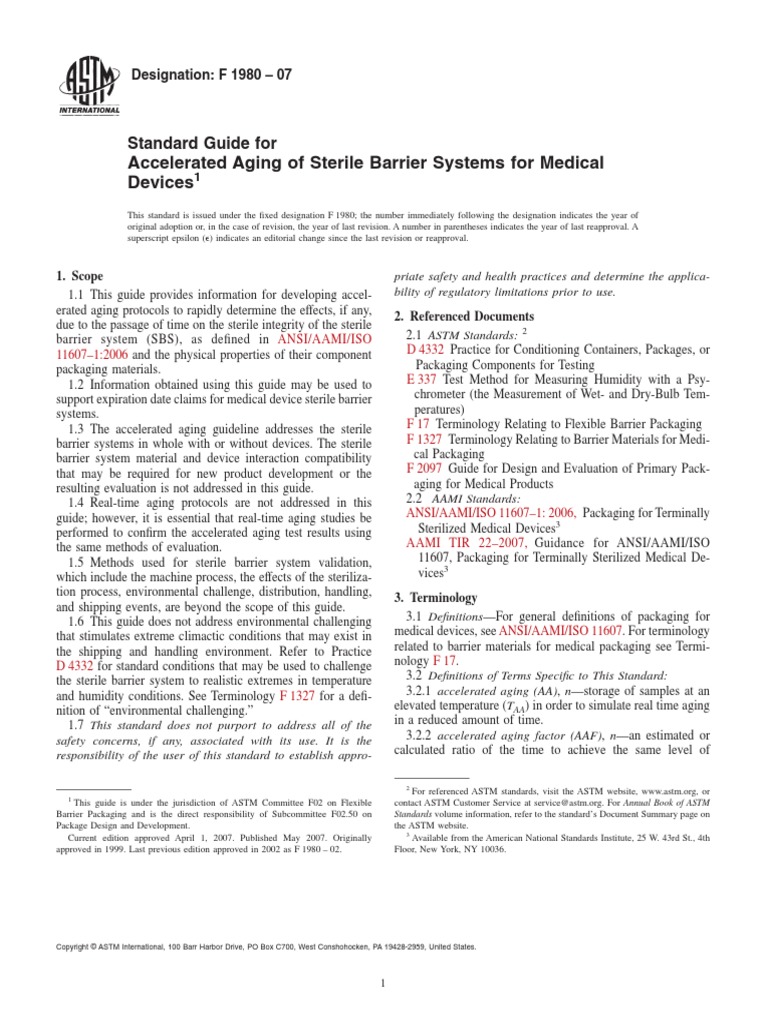 ASTM F1980-07 Accelerated Aging Test | PDF | Chemistry | Applied And ...