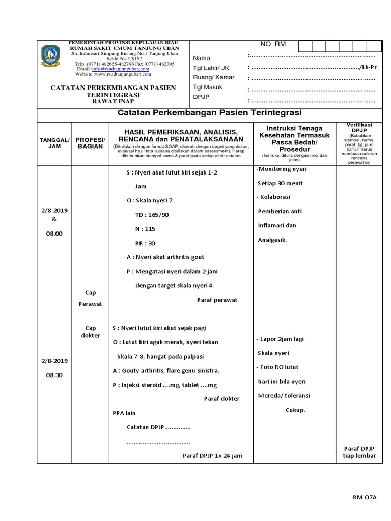 CPPT Rawat Inap (Formulir) (Contoh) | PDF