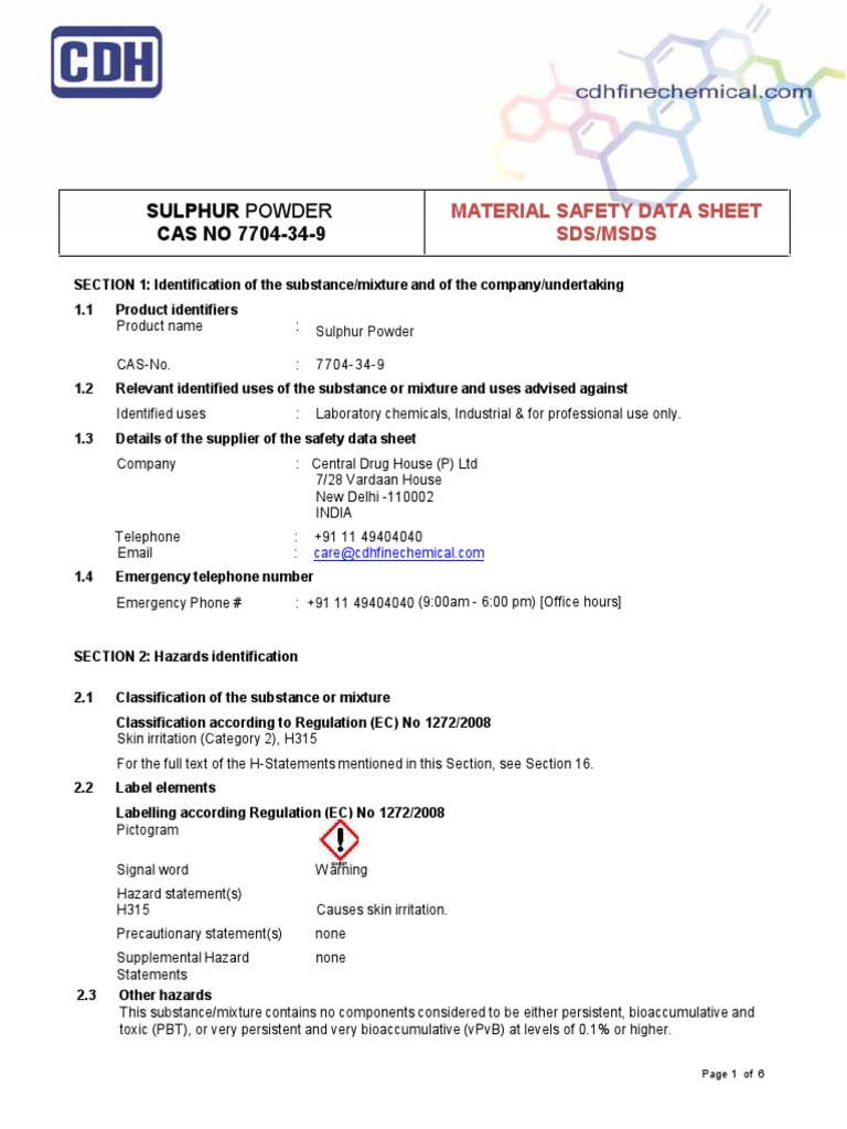 Sulphur Powder CAS NO 7704-34-9: Material Safety Data Sheet Sds/Msds ...