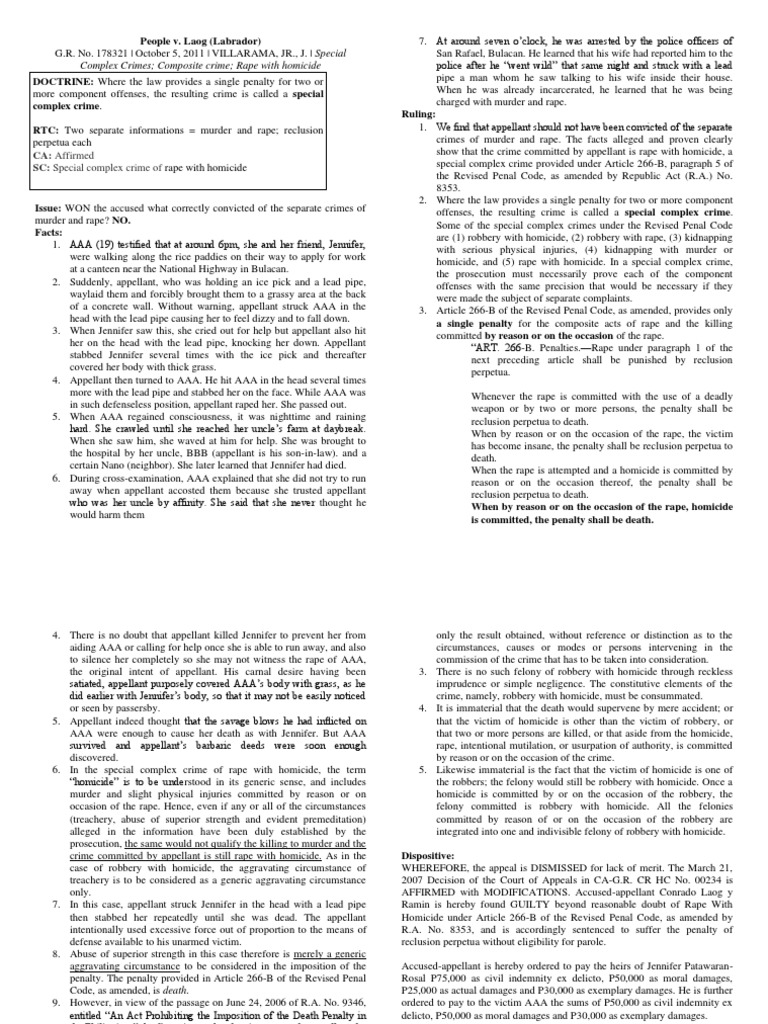 Complex Crimes; Composite crime; Rape with homicide | Sentence (Law ...