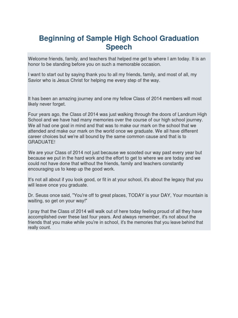 Beginning of Sample High School Graduation Speech: It's The Memories ...