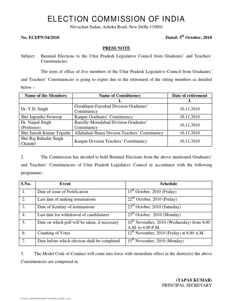 Election Commission of India: No. ECI/PN/34/2010 Dated: 5 October, 2010 ...