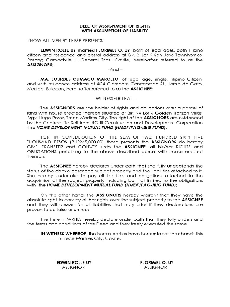 Deed of Assignment of Rights With Assumption of Liability-Pag-Ibig-Uy ...