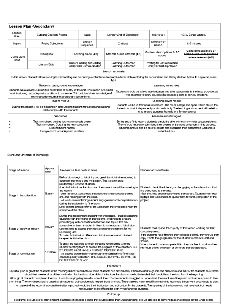 Vcal Poetry Lesson Plan Sequence | PDF | Poetry | Lesson Plan
