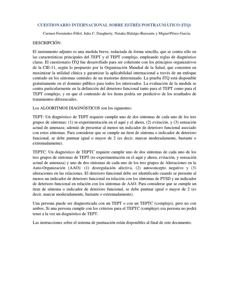 Cuestionario Internacional de Trauma (ITQ) | PDF | Trastorno de estrés ...