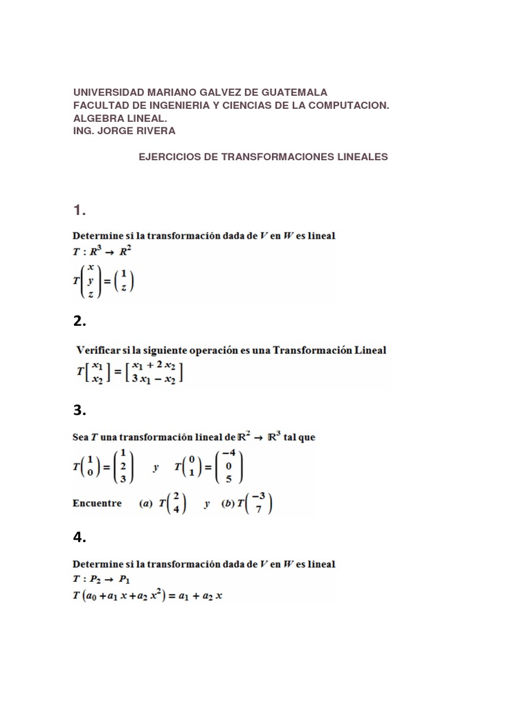 Ejercicios de Repaso de Transformaciones Lineales PDF | PDF