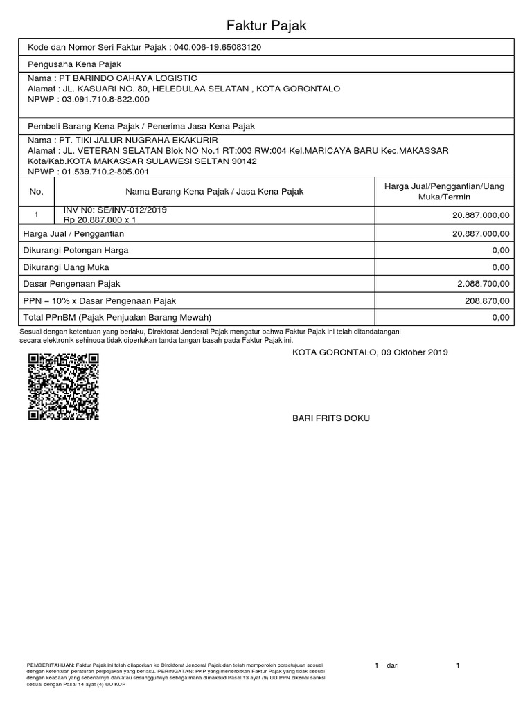 Contoh Faktur Pajak Kode 040 dan NPWP | PDF