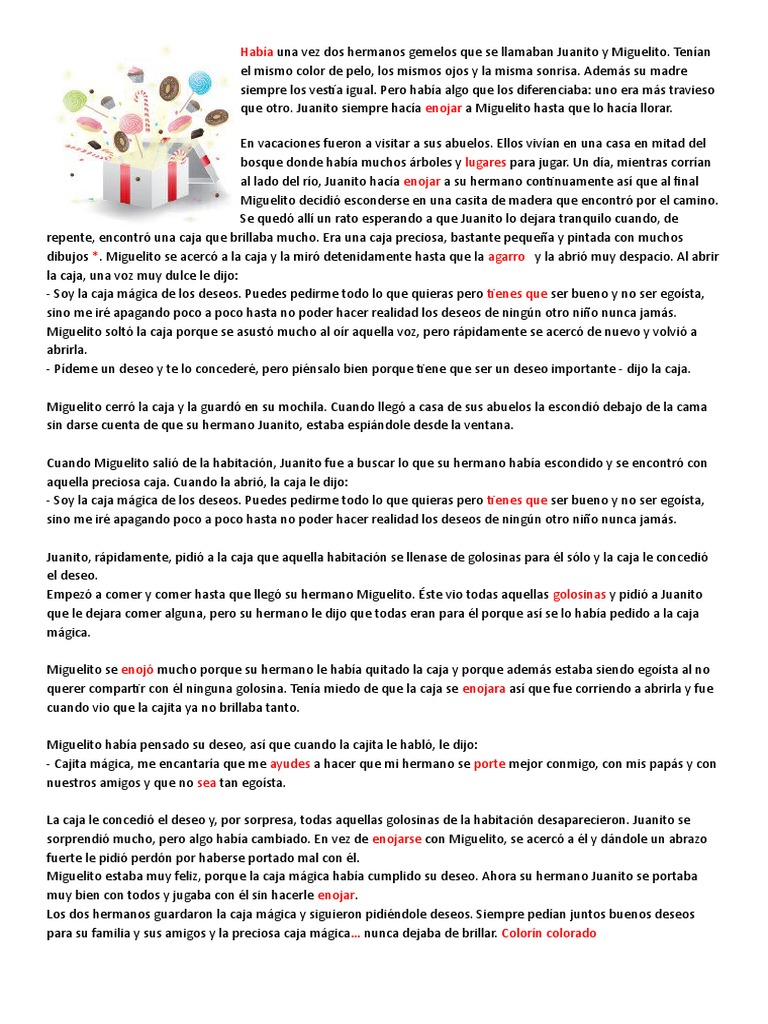 Cuento Los Dos Gemelos y La Caja Magica | PDF | Ocio