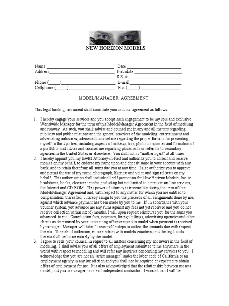 Model Manager Agreement | PDF | Fee | Employment