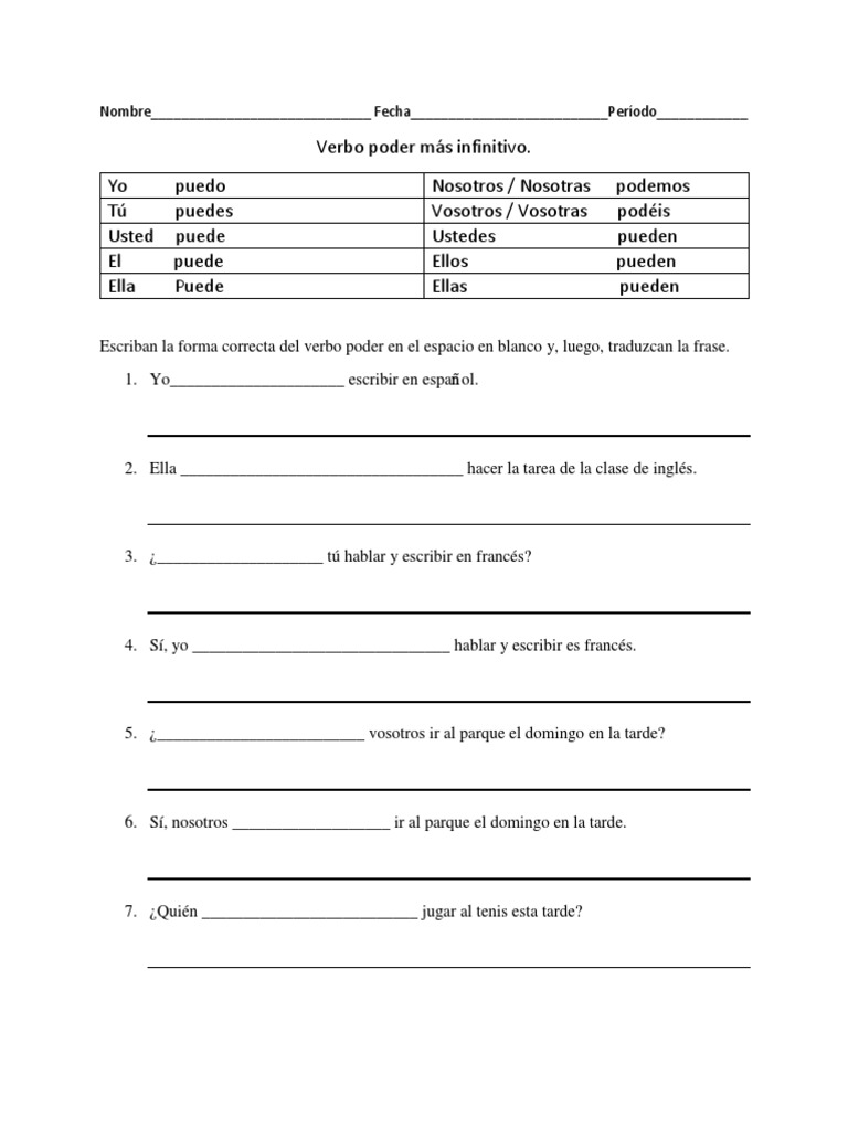 Verbo Poder Mas Infinitivo Hoja de Trabajo 101334 | PDF