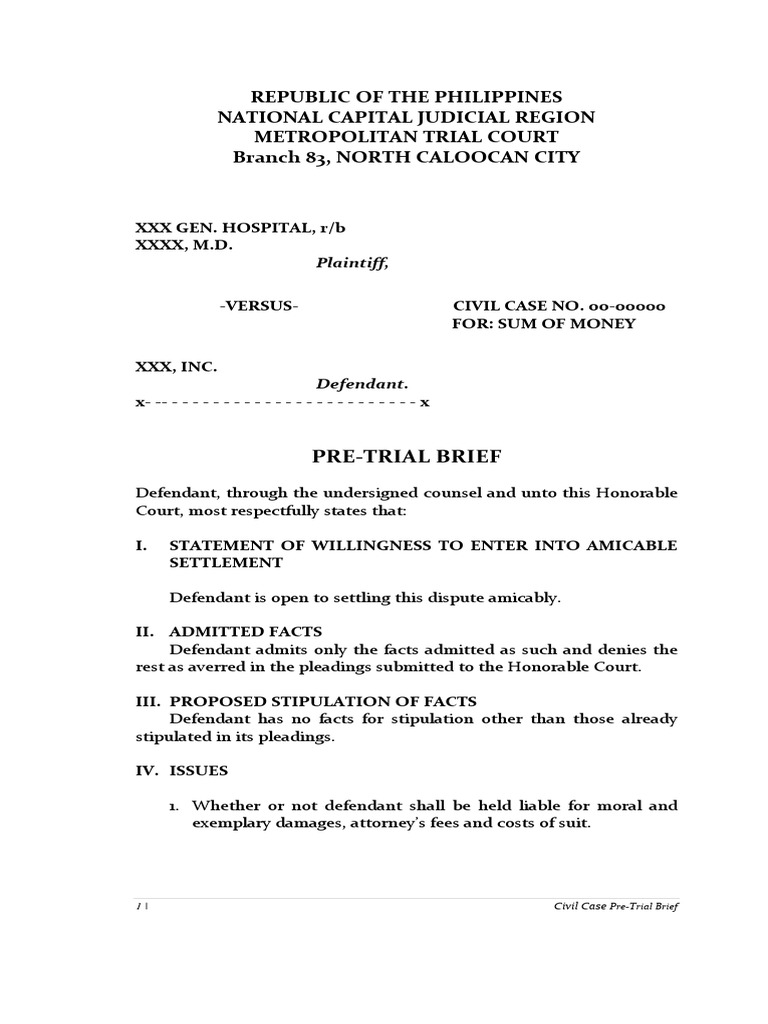 Sample Pre Trial Brief | PDF | Lawsuit | Virtue
