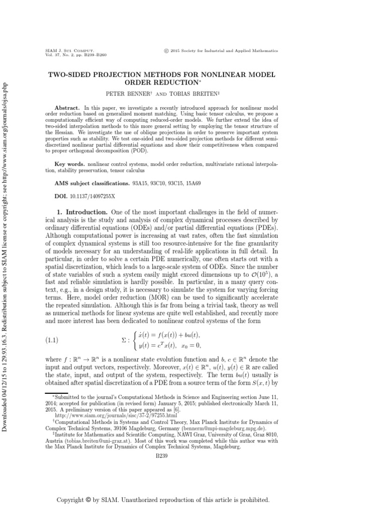 Two Sided Projection Methods For Nonlinear Model Order Reduction Pdf Partial Differential