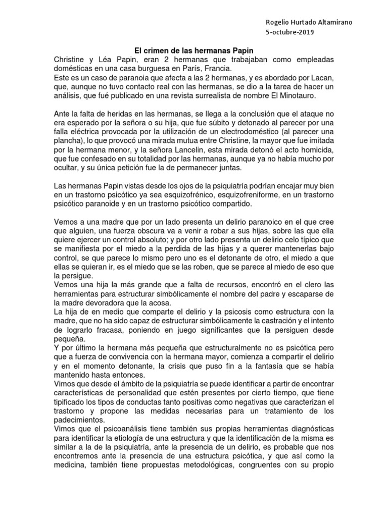 El Crimen de Las Hermanas Papin Resumen | PDF | Psicosis | Engaño