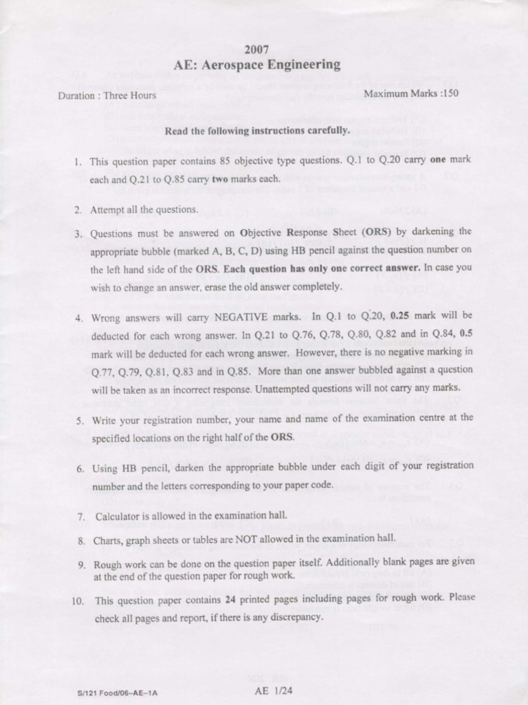 GATE - Aerospace Engineering (AE) - 2007 Exam Paper Solutions | PDF