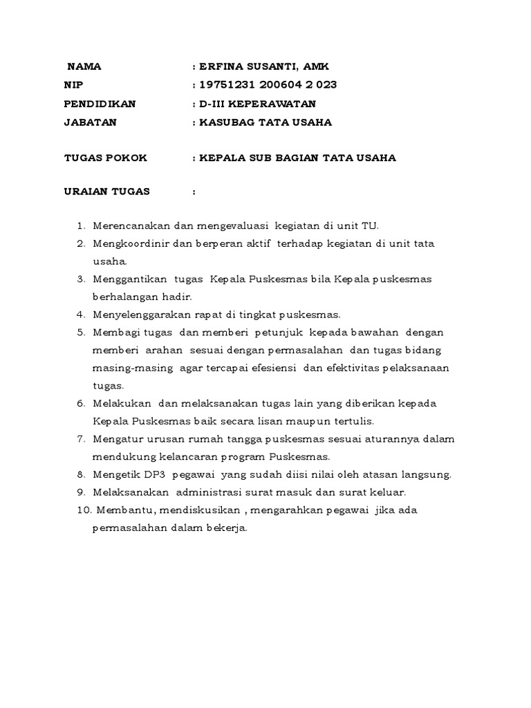 Tupoksi Kasubag Tata Usaha | PDF