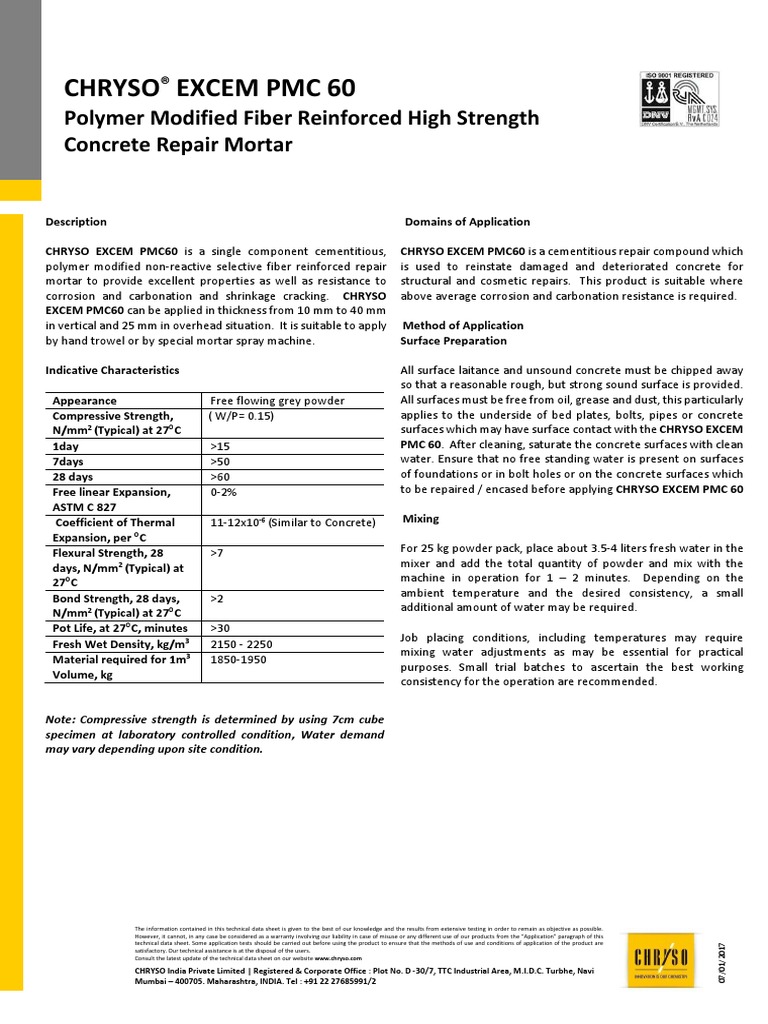 Chryso Excem PMC 60: Polymer Modified Fiber Reinforced High Strength ...