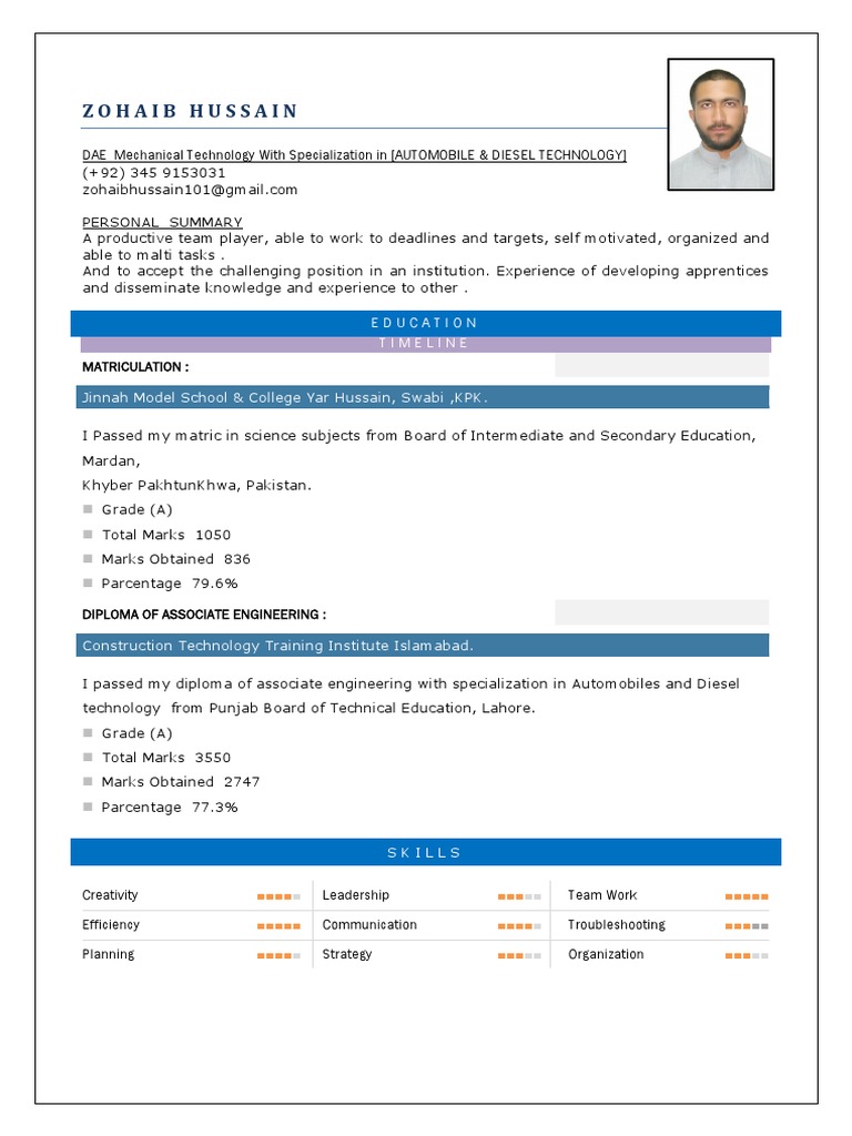 Zohaib Hussain's Resume Highlighting His Educational Qualifications and ...