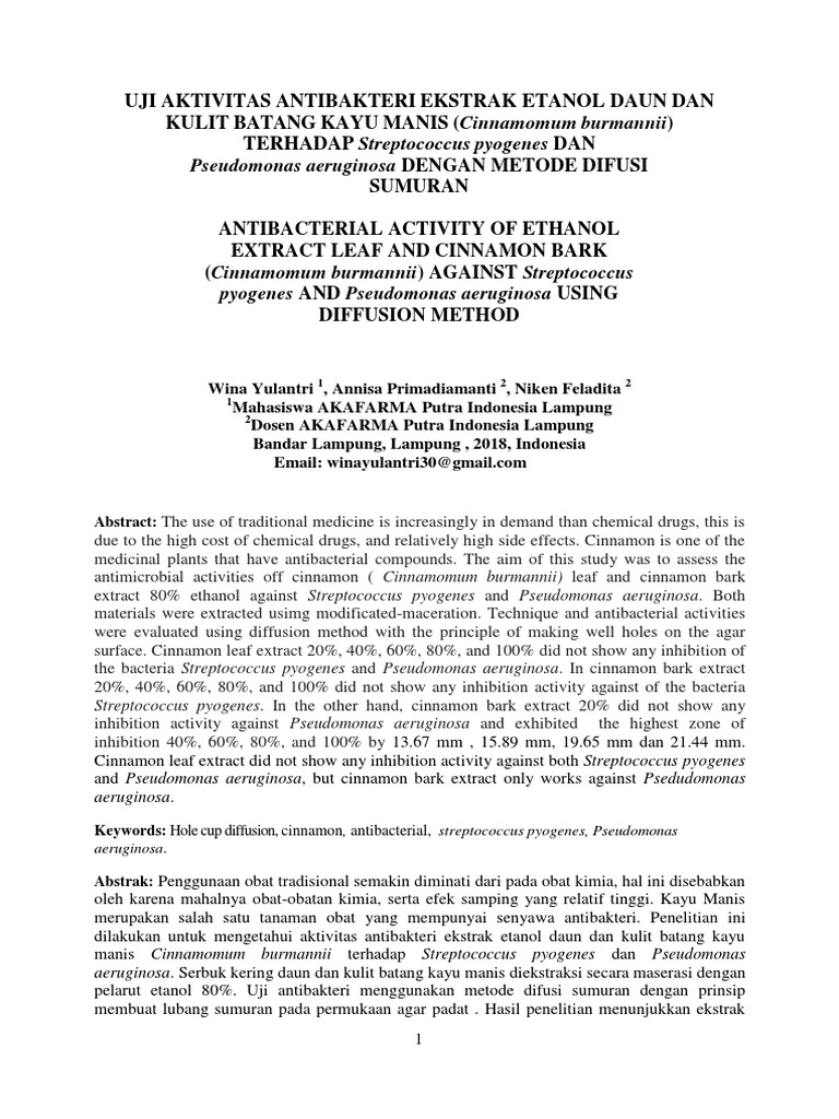 Uji Aktivitas Antibakteri Daun Dan Kulit Batang Kayu Manis Terhadap ...
