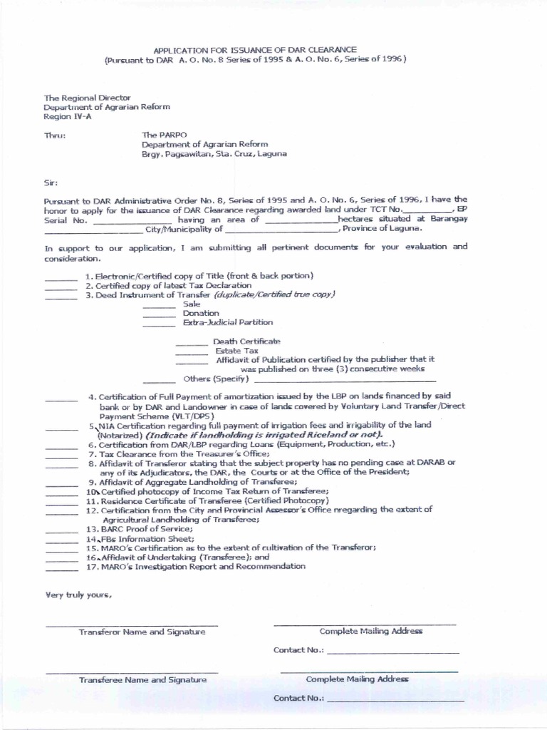 Application For Issuance of Dar Clearance (Cloa) - Blank | PDF